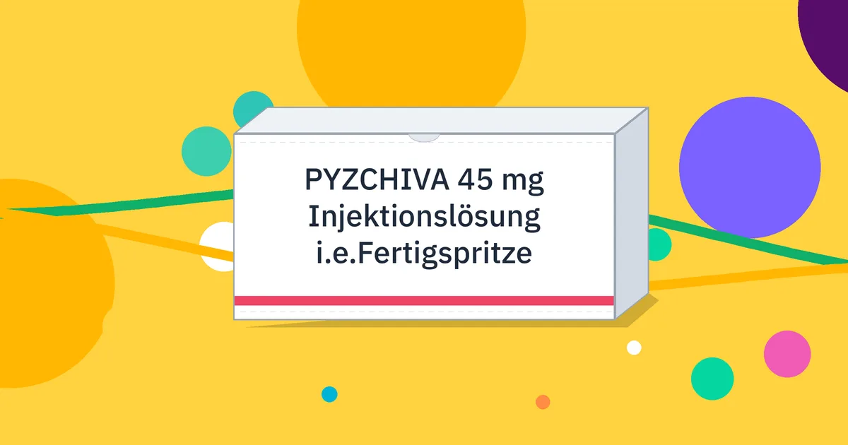 Symbolbild: Packung mit der Aufschrift PYZCHIVA 45 mg Injektionslösung i.e.Fertigspritze (PZN 19687347) – Verfügbarkeit und Bezug in Apotheken in Frankfurt am Main