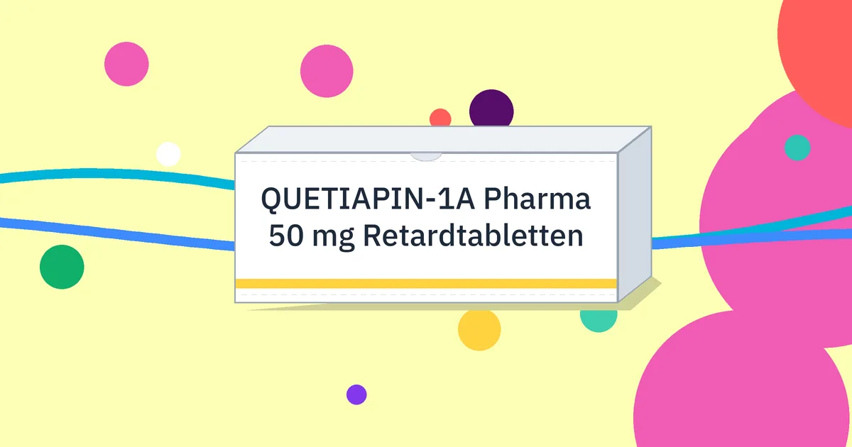 Symbolbild: Packung mit der Aufschrift QUETIAPIN-1A Pharma 50 mg Retardtabletten (PZN 10071917) – Verfügbarkeit und Bezug in Apotheken in Frankfurt am Main
