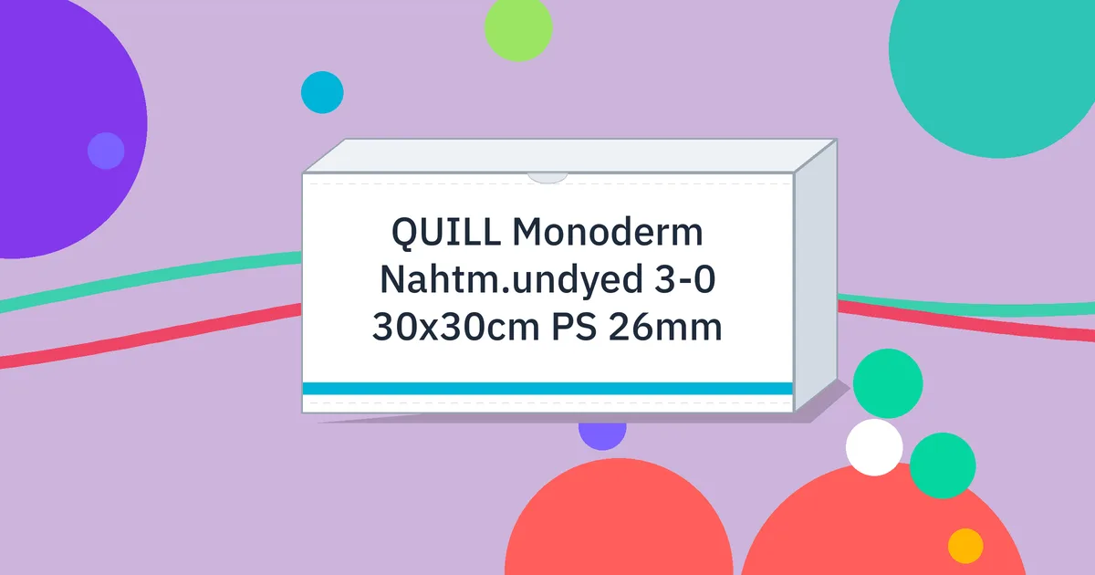 Symbolbild: Packung mit der Aufschrift QUILL Monoderm Nahtm.undyed 3-0 30x30cm PS 26mm (PZN 17988725) – Verfügbarkeit und Bezug in Apotheken in Frankfurt am Main