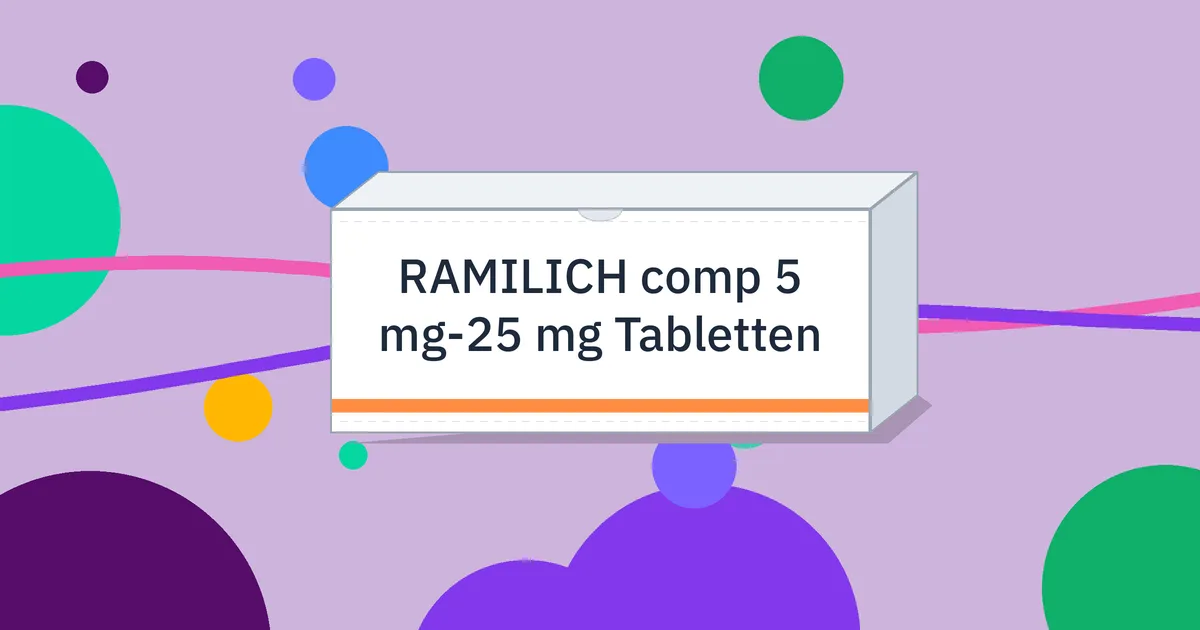 Symbolbild: Packung mit der Aufschrift RAMILICH comp 5 mg-25 mg Tabletten (PZN 01984027) – Verfügbarkeit und Bezug in Apotheken in Frankfurt am Main