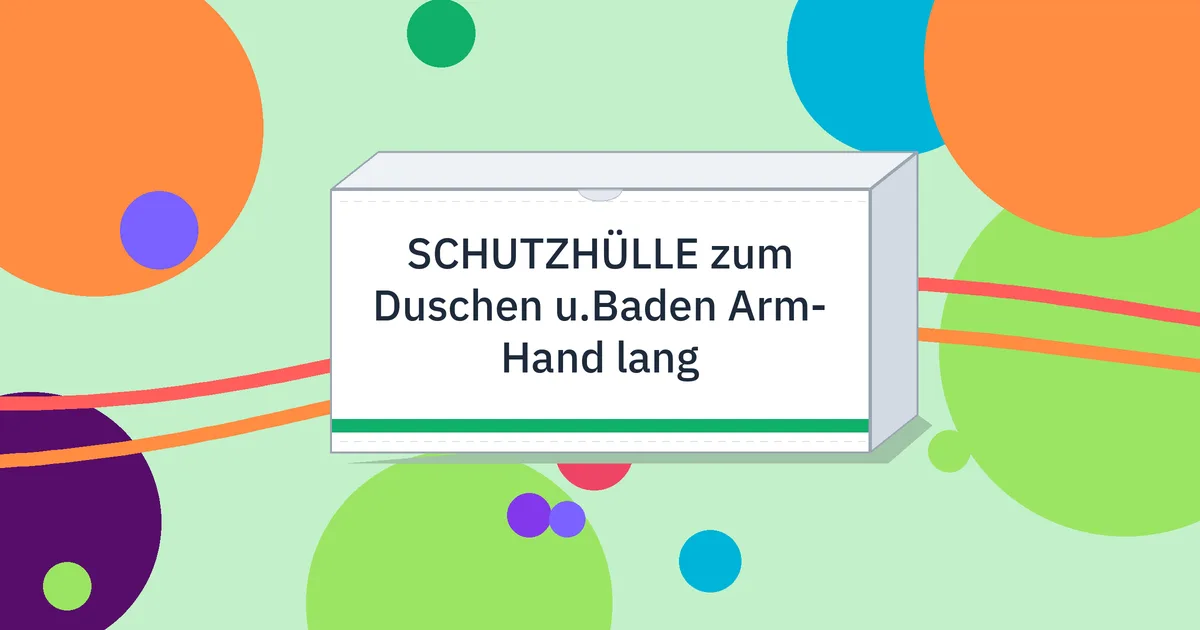 Symbolbild: Packung mit der Aufschrift SCHUTZHÜLLE zum Duschen u.Baden Arm-Hand lang (PZN 10915410) – Verfügbarkeit und Bezug in Apotheken in Frankfurt am Main