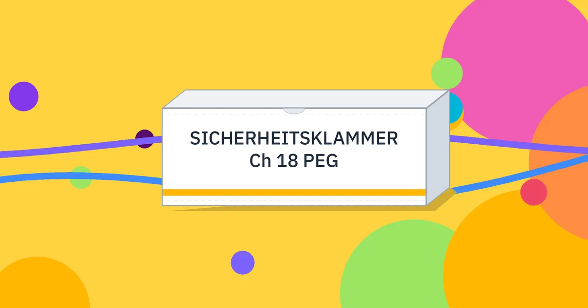 Symbolbild: Packung mit der Aufschrift SICHERHEITSKLAMMER Ch 18 PEG (PZN 09101665) – Verfügbarkeit und Bezug in Apotheken in Frankfurt am Main