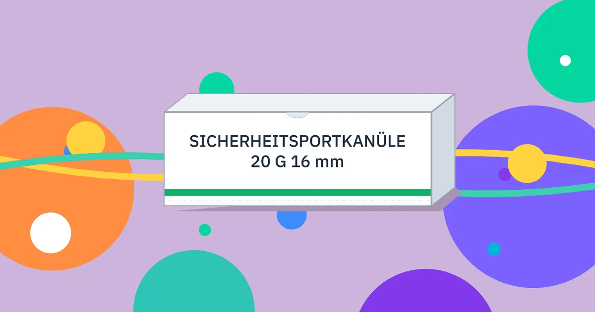 Symbolbild: Packung mit der Aufschrift SICHERHEITSPORTKANÜLE 20 G 16 mm (PZN 08782367) – Verfügbarkeit und Bezug in Apotheken in Frankfurt am Main