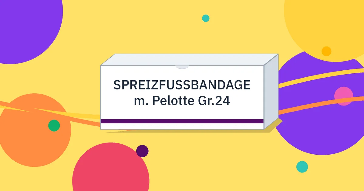 Symbolbild: Packung mit der Aufschrift SPREIZFUSSBANDAGE m. Pelotte Gr.24 (PZN 01736594) – Verfügbarkeit und Bezug in Apotheken in Frankfurt am Main