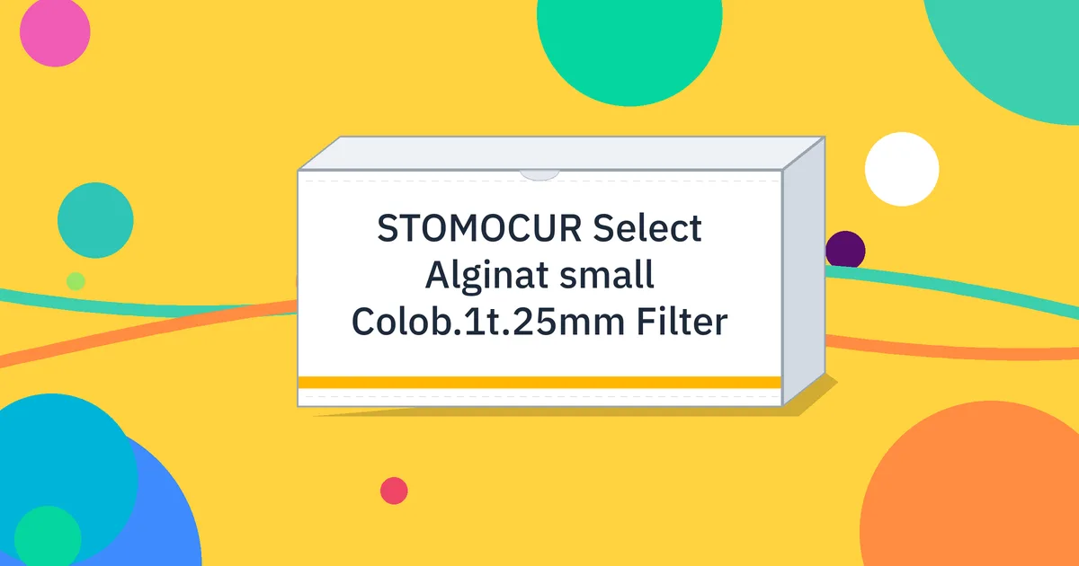 Symbolbild: Packung mit der Aufschrift STOMOCUR Select Alginat small Colob.1t.25mm Filter (PZN 14061614) – Verfügbarkeit und Bezug in Apotheken in Frankfurt am Main