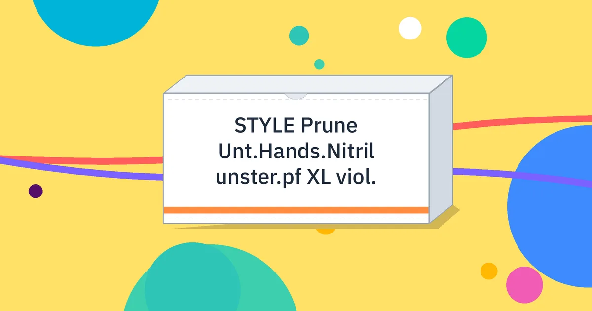Symbolbild: Packung mit der Aufschrift STYLE Prune Unt.Hands.Nitril unster.pf XL viol. (PZN 14819778) – Verfügbarkeit und Bezug in Apotheken in Frankfurt am Main