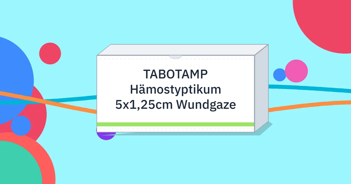 Symbolbild: Packung mit der Aufschrift TABOTAMP Hämostyptikum 5x1,25cm Wundgaze (PZN 03885499) – Verfügbarkeit und Bezug in Apotheken in Frankfurt am Main