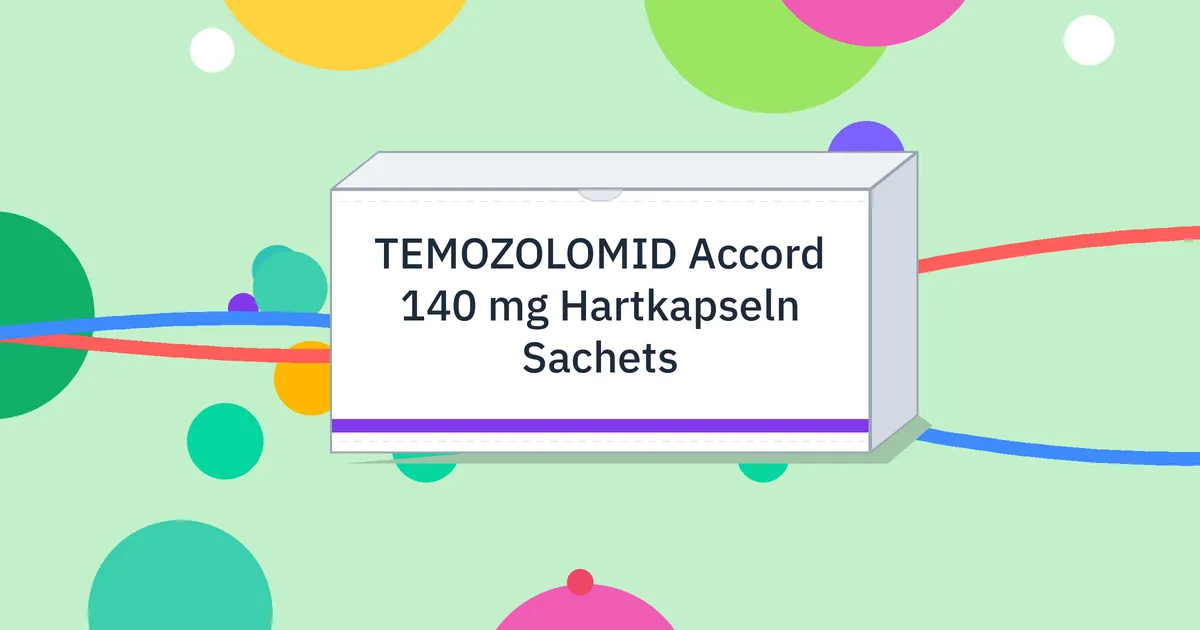 Symbolbild: Packung mit der Aufschrift TEMOZOLOMID Accord 140 mg Hartkapseln Sachets (PZN 14030418) – Verfügbarkeit und Bezug in Apotheken in Frankfurt am Main