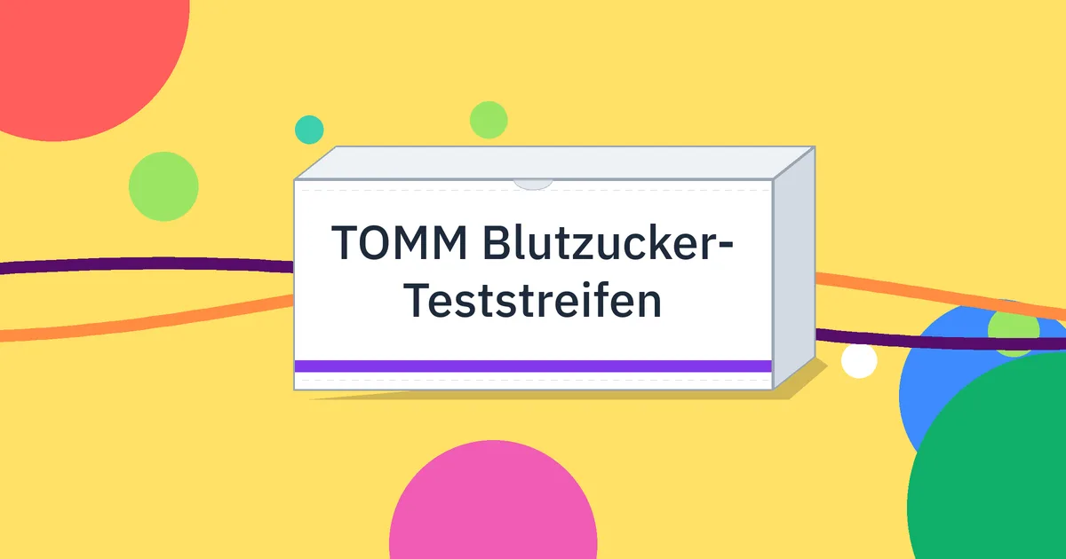 Symbolbild: Packung mit der Aufschrift TOMM Blutzucker-Teststreifen (PZN 12724447) – Verfügbarkeit und Bezug in Apotheken in Frankfurt am Main