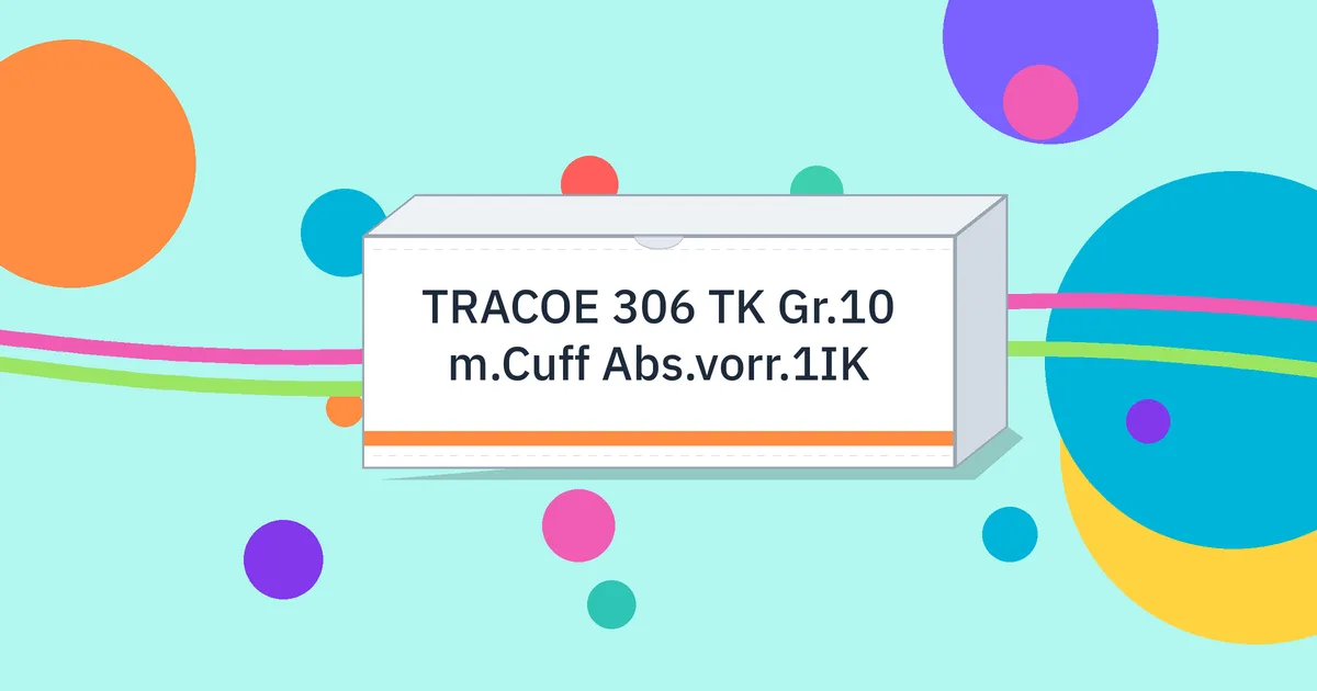 Symbolbild: Packung mit der Aufschrift TRACOE 306 TK Gr.10 m.Cuff Abs.vorr.1IK (PZN 02717759) – Verfügbarkeit und Bezug in Apotheken in Frankfurt am Main