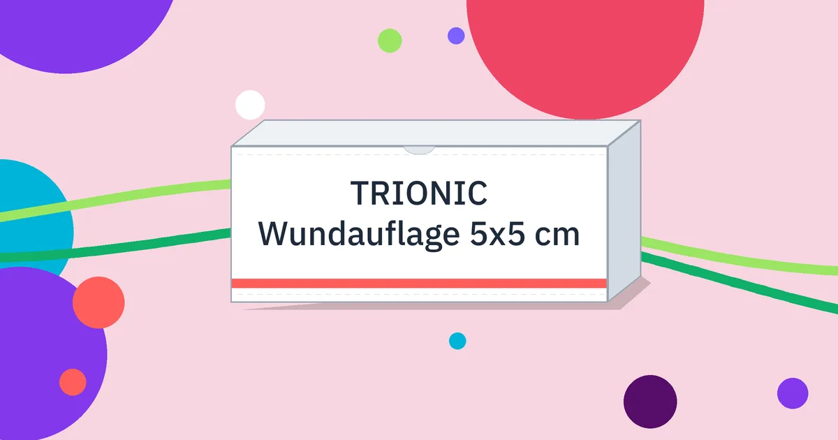 Symbolbild: Packung mit der Aufschrift TRIONIC Wundauflage 5x5 cm (PZN 11076532) – Verfügbarkeit und Bezug in Apotheken in Frankfurt am Main