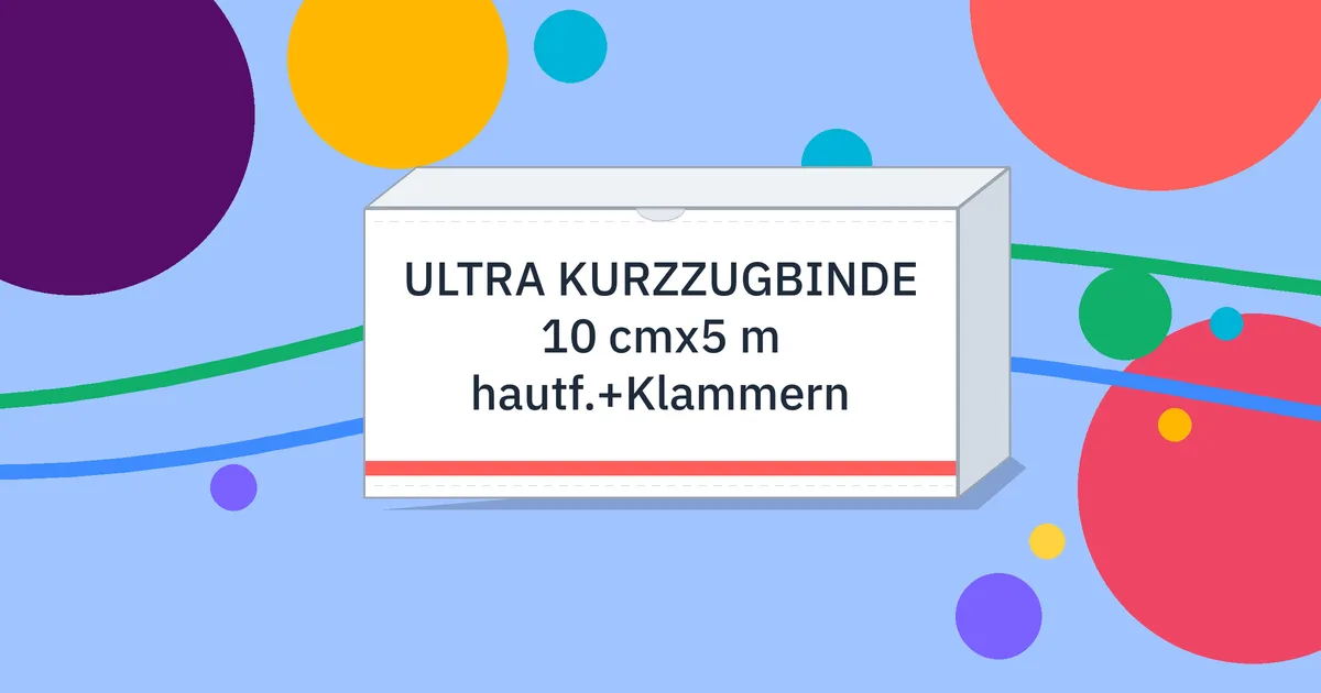 Symbolbild: Packung mit der Aufschrift ULTRA KURZZUGBINDE 10 cmx5 m hautf.+Klammern (PZN 04793262) – Verfügbarkeit und Bezug in Apotheken in Frankfurt am Main