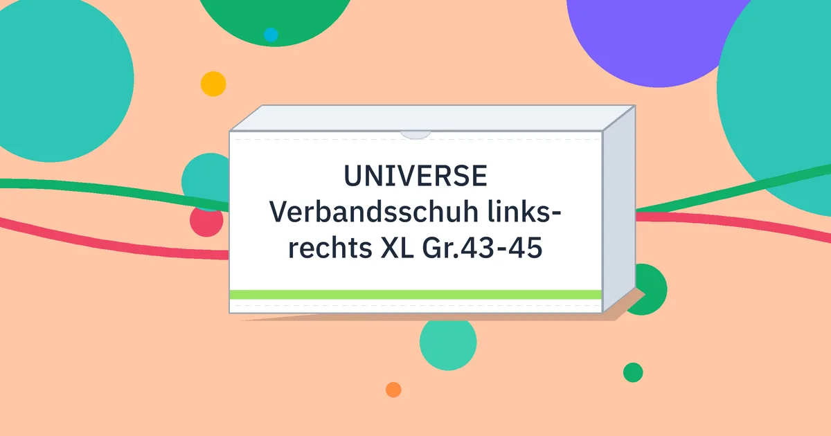 Symbolbild: Packung mit der Aufschrift UNIVERSE Verbandsschuh links-rechts XL Gr.43-45 (PZN 17197432) – Verfügbarkeit und Bezug in Apotheken in Frankfurt am Main