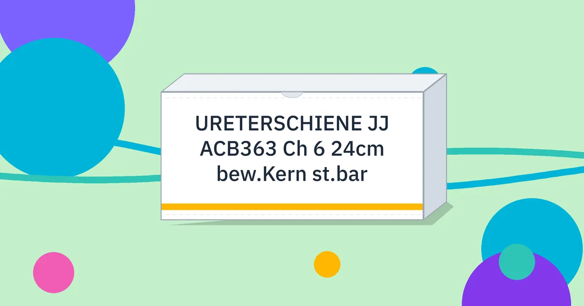Symbolbild: Packung mit der Aufschrift URETERSCHIENE JJ ACB363 Ch 6 24cm bew.Kern st.bar (PZN 00752378) – Verfügbarkeit und Bezug in Apotheken in Frankfurt am Main