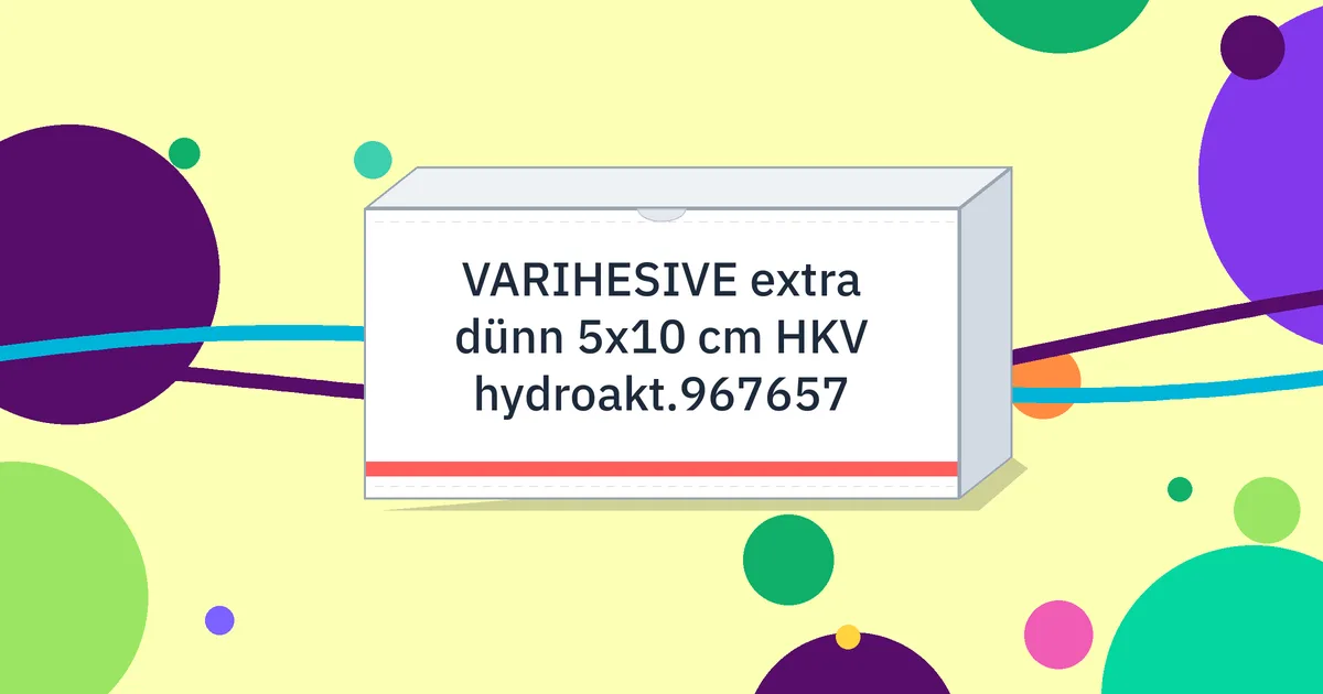 Symbolbild: Packung mit der Aufschrift VARIHESIVE extra dünn 5x10 cm HKV hydroakt.967657 (PZN 00023395) – Verfügbarkeit und Bezug in Apotheken in Frankfurt am Main