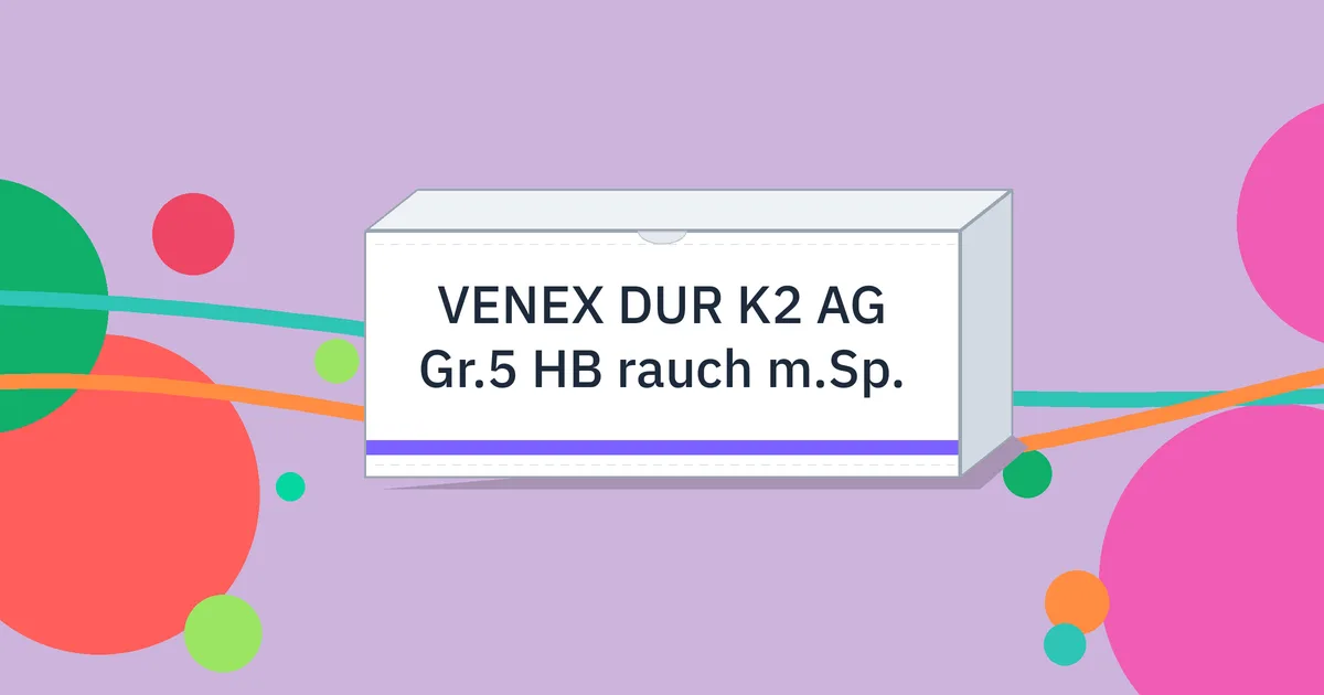Symbolbild: Packung mit der Aufschrift VENEX DUR K2 AG Gr.5 HB rauch m.Sp. (PZN 03218366) – Verfügbarkeit und Bezug in Apotheken in Frankfurt am Main