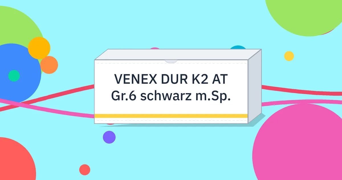 Symbolbild: Packung mit der Aufschrift VENEX DUR K2 AT Gr.6 schwarz m.Sp. (PZN 03222155) – Verfügbarkeit und Bezug in Apotheken in Frankfurt am Main