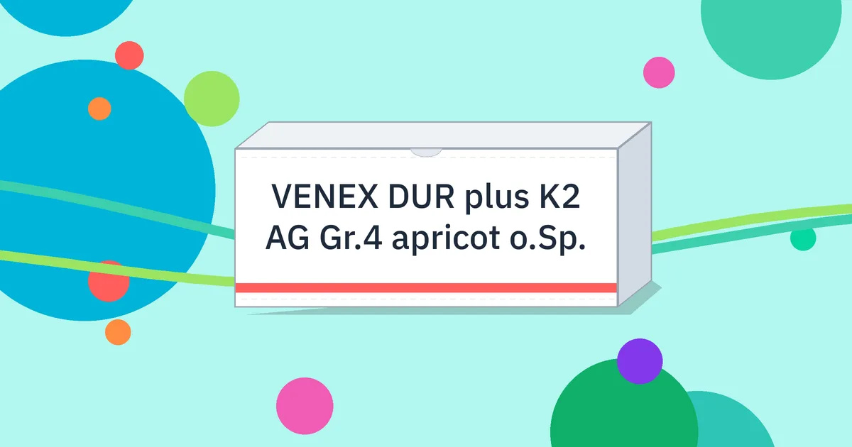 Symbolbild: Packung mit der Aufschrift VENEX DUR plus K2 AG Gr.4 apricot o.Sp. (PZN 03236039) – Verfügbarkeit und Bezug in Apotheken in Frankfurt am Main