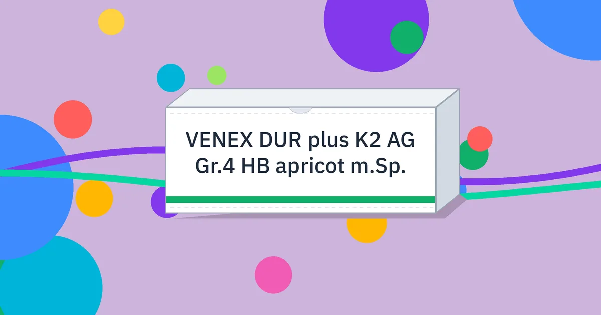 Symbolbild: Packung mit der Aufschrift VENEX DUR plus K2 AG Gr.4 HB apricot m.Sp. (PZN 03236619) – Verfügbarkeit und Bezug in Apotheken in Frankfurt am Main