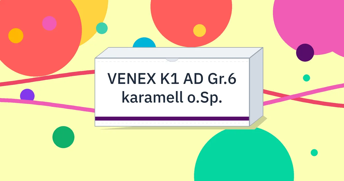 Symbolbild: Packung mit der Aufschrift VENEX K1 AD Gr.6 karamell o.Sp. (PZN 13757294) – Verfügbarkeit und Bezug in Apotheken in Frankfurt am Main