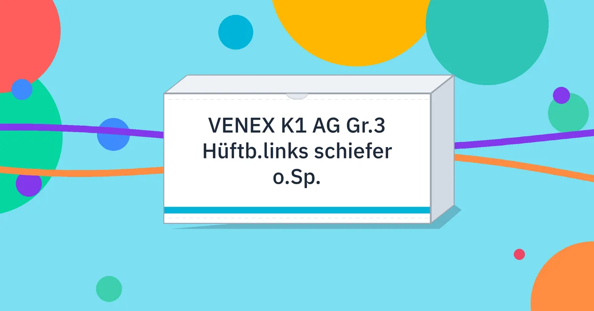 Symbolbild: Packung mit der Aufschrift VENEX K1 AG Gr.3 Hüftb.links schiefer o.Sp. (PZN 03206305) – Verfügbarkeit und Bezug in Apotheken in Frankfurt am Main