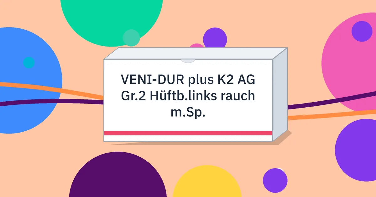 Symbolbild: Packung mit der Aufschrift VENI-DUR plus K2 AG Gr.2 Hüftb.links rauch m.Sp. (PZN 03255522) – Verfügbarkeit und Bezug in Apotheken in Frankfurt am Main
