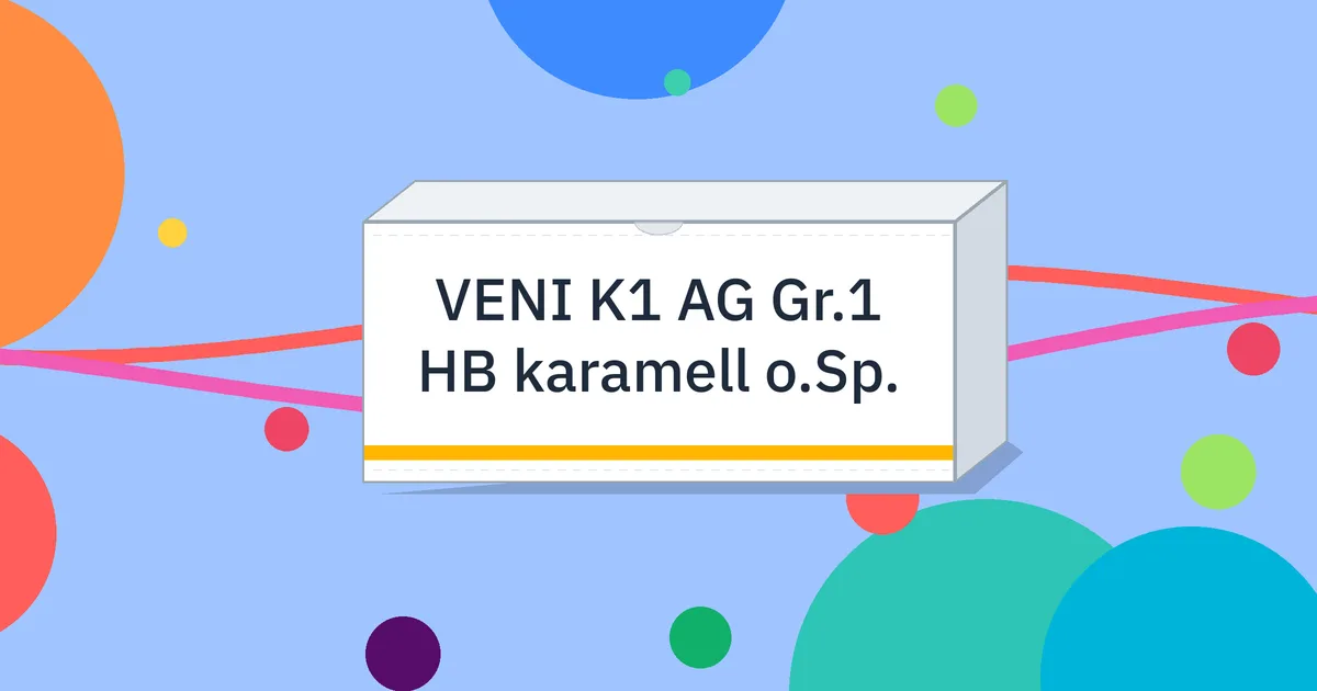 Symbolbild: Packung mit der Aufschrift VENI K1 AG Gr.1 HB karamell o.Sp. (PZN 13756449) – Verfügbarkeit und Bezug in Apotheken in Frankfurt am Main