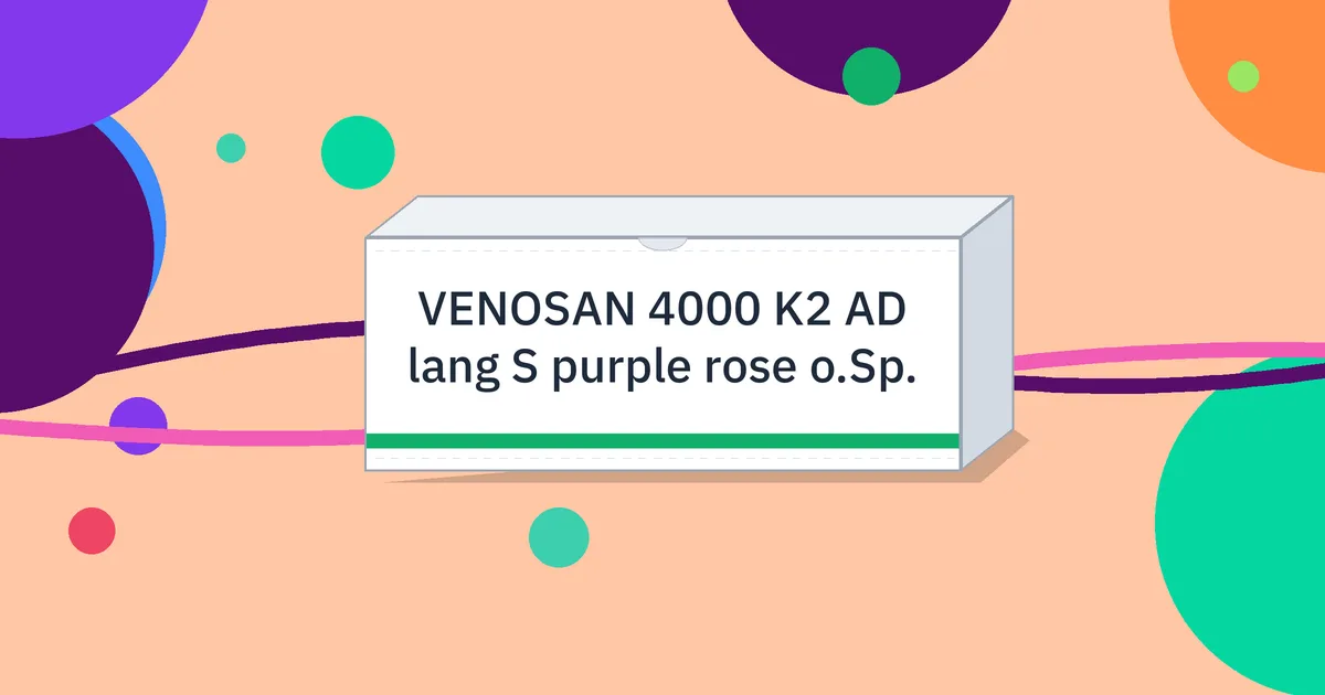 Symbolbild: Packung mit der Aufschrift VENOSAN 4000 K2 AD lang S purple rose o.Sp. (PZN 18847518) – Verfügbarkeit und Bezug in Apotheken in Frankfurt am Main
