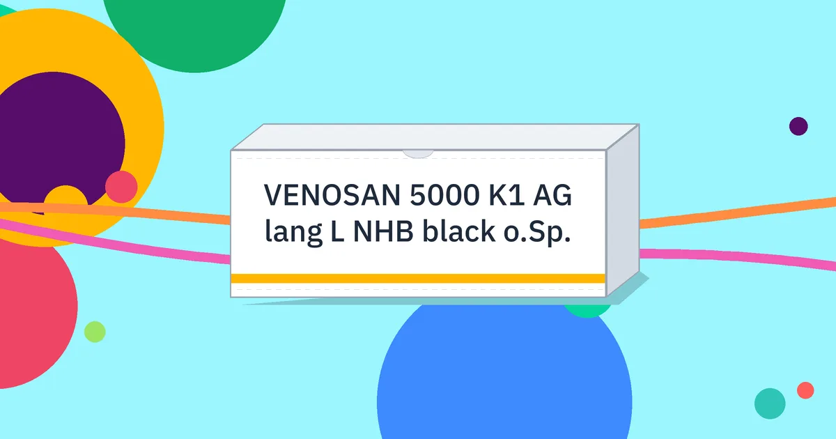 Symbolbild: Packung mit der Aufschrift VENOSAN 5000 K1 AG lang L NHB black o.Sp. (PZN 14432921) – Verfügbarkeit und Bezug in Apotheken in Frankfurt am Main