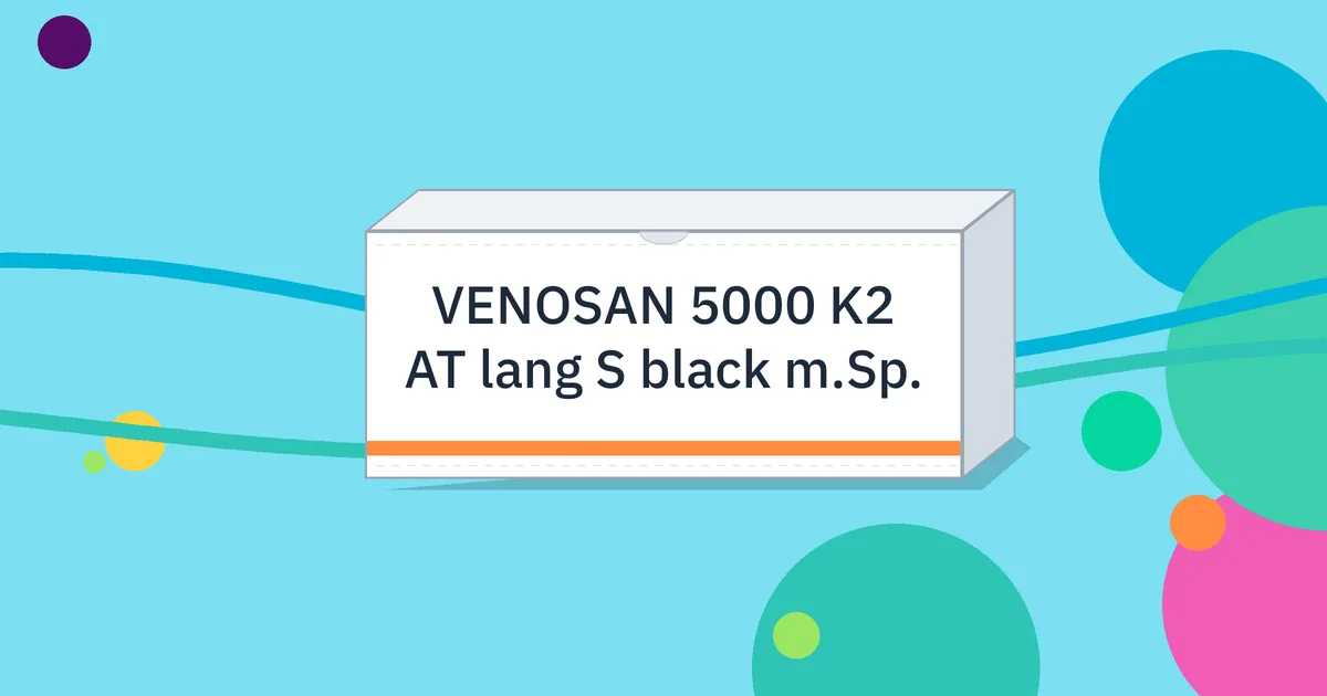 Symbolbild: Packung mit der Aufschrift VENOSAN 5000 K2 AT lang S black m.Sp. (PZN 14433464) – Verfügbarkeit und Bezug in Apotheken in Frankfurt am Main