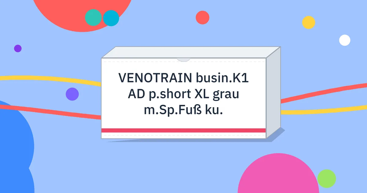 Symbolbild: Packung mit der Aufschrift VENOTRAIN busin.K1 AD p.short XL grau m.Sp.Fuß ku. (PZN 19057267) – Verfügbarkeit und Bezug in Apotheken in Frankfurt am Main