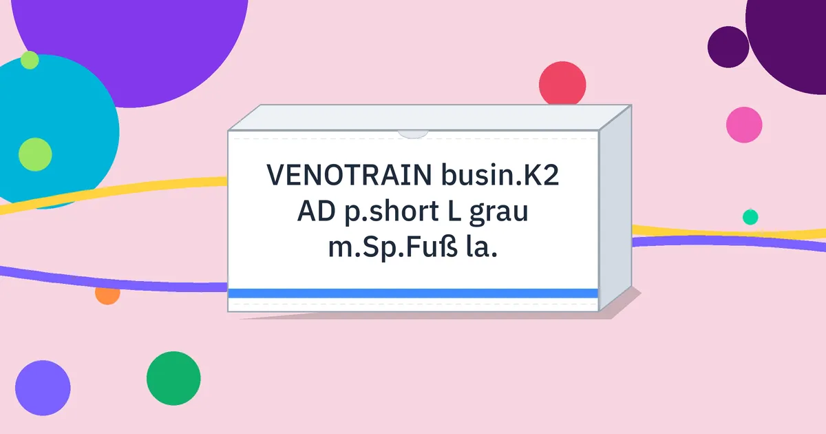 Symbolbild: Packung mit der Aufschrift VENOTRAIN busin.K2 AD p.short L grau m.Sp.Fuß la. (PZN 19056871) – Verfügbarkeit und Bezug in Apotheken in Frankfurt am Main