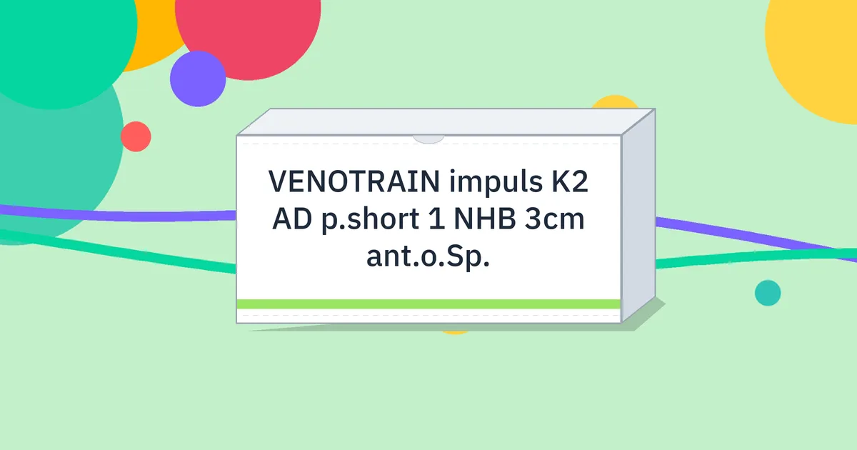 Symbolbild: Packung mit der Aufschrift VENOTRAIN impuls K2 AD p.short 1 NHB 3cm ant.o.Sp. (PZN 15224449) – Verfügbarkeit und Bezug in Apotheken in Frankfurt am Main