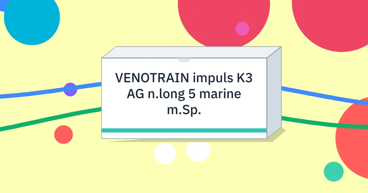 Symbolbild: Packung mit der Aufschrift VENOTRAIN impuls K3 AG n.long 5 marine m.Sp. (PZN 15212943) – Verfügbarkeit und Bezug in Apotheken in Frankfurt am Main