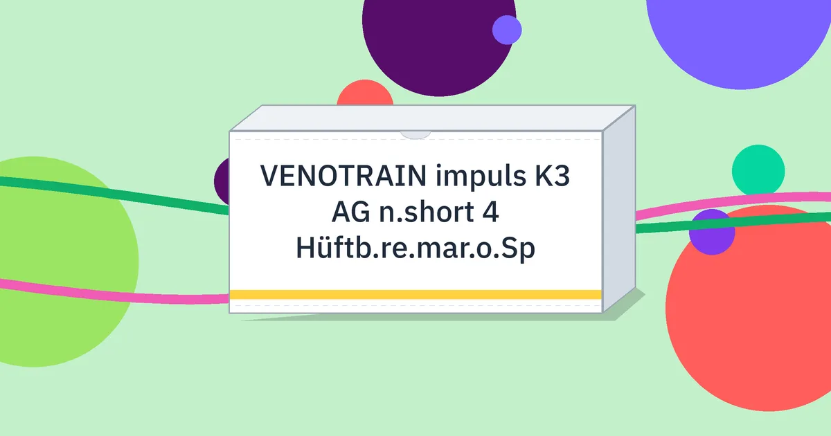 Symbolbild: Packung mit der Aufschrift VENOTRAIN impuls K3 AG n.short 4 Hüftb.re.mar.o.Sp (PZN 15217840) – Verfügbarkeit und Bezug in Apotheken in Frankfurt am Main