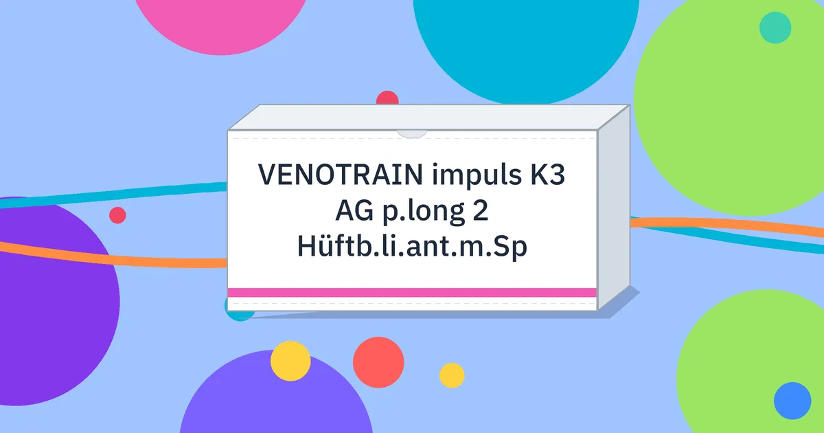 Symbolbild: Packung mit der Aufschrift VENOTRAIN impuls K3 AG p.long 2 Hüftb.li.ant.m.Sp (PZN 15220693) – Verfügbarkeit und Bezug in Apotheken in Frankfurt am Main