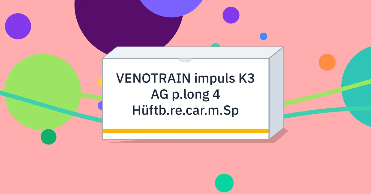 Symbolbild: Packung mit der Aufschrift VENOTRAIN impuls K3 AG p.long 4 Hüftb.re.car.m.Sp (PZN 10293724) – Verfügbarkeit und Bezug in Apotheken in Frankfurt am Main