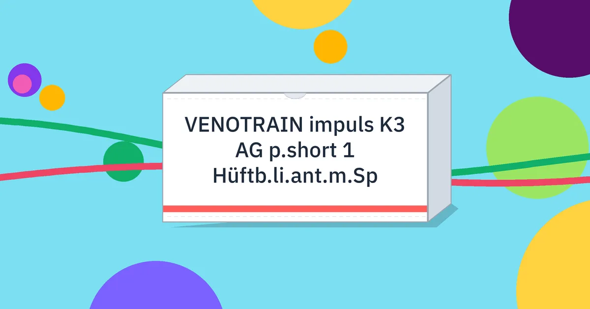 Symbolbild: Packung mit der Aufschrift VENOTRAIN impuls K3 AG p.short 1 Hüftb.li.ant.m.Sp (PZN 15220629) – Verfügbarkeit und Bezug in Apotheken in Frankfurt am Main
