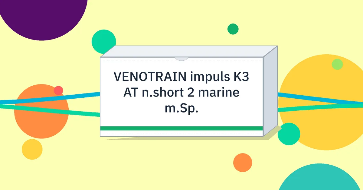 Symbolbild: Packung mit der Aufschrift VENOTRAIN impuls K3 AT n.short 2 marine m.Sp. (PZN 19355444) – Verfügbarkeit und Bezug in Apotheken in Frankfurt am Main