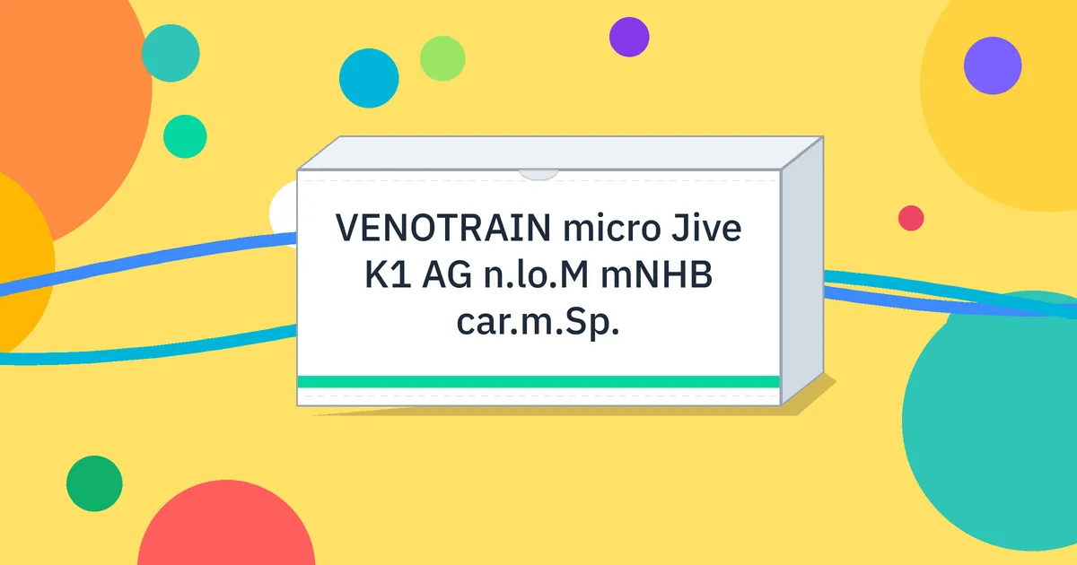 Symbolbild: Packung mit der Aufschrift VENOTRAIN micro Jive K1 AG n.lo.M mNHB car.m.Sp. (PZN 17758675) – Verfügbarkeit und Bezug in Apotheken in Frankfurt am Main