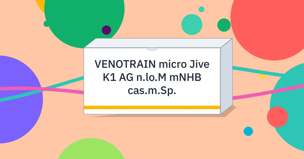 Symbolbild: Packung mit der Aufschrift VENOTRAIN micro Jive K1 AG n.lo.M mNHB cas.m.Sp. (PZN 20766307) – Verfügbarkeit und Bezug in Apotheken in Frankfurt am Main