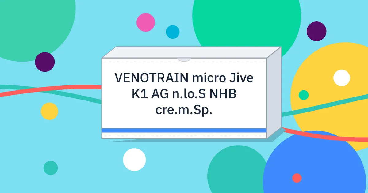 Symbolbild: Packung mit der Aufschrift VENOTRAIN micro Jive K1 AG n.lo.S NHB cre.m.Sp. (PZN 17763357) – Verfügbarkeit und Bezug in Apotheken in Frankfurt am Main