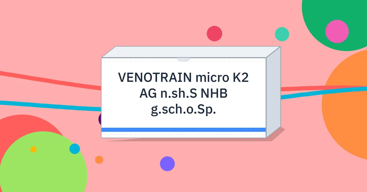 Symbolbild: Packung mit der Aufschrift VENOTRAIN micro K2 AG n.sh.S NHB g.sch.o.Sp. (PZN 06050200) – Verfügbarkeit und Bezug in Apotheken in Frankfurt am Main