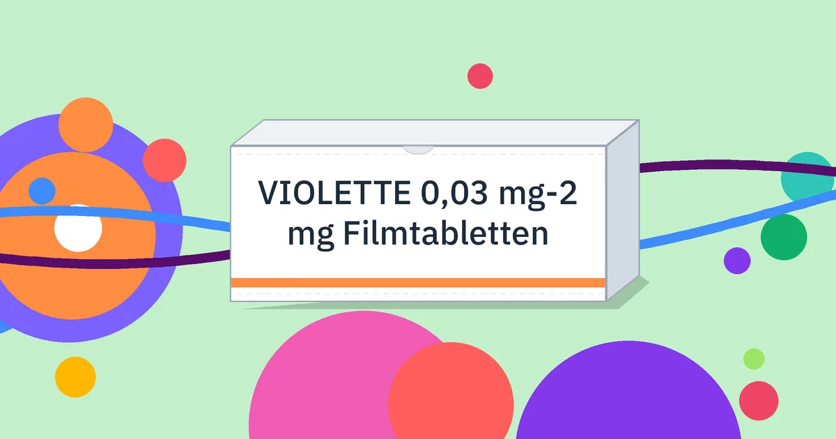 Symbolbild: Packung mit der Aufschrift VIOLETTE 0,03 mg-2 mg Filmtabletten (PZN 09638879) – Verfügbarkeit und Bezug in Apotheken in Frankfurt am Main