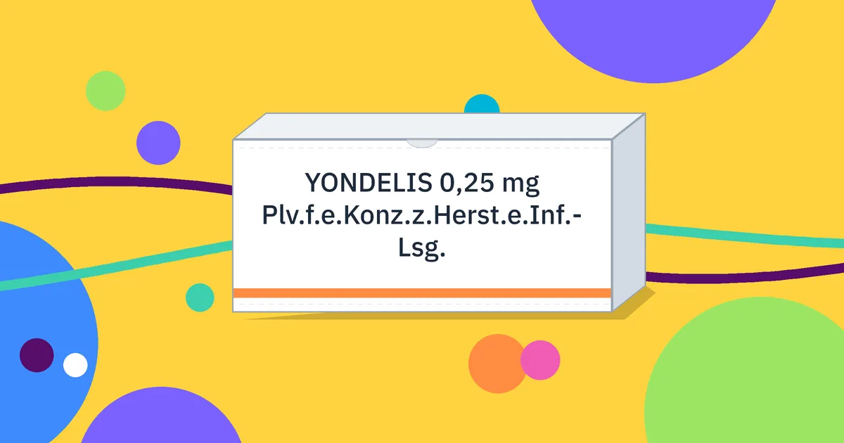 Symbolbild: Packung mit der Aufschrift YONDELIS 0,25 mg Plv.f.e.Konz.z.Herst.e.Inf.-Lsg. (PZN 15384101) – Verfügbarkeit und Bezug in Apotheken in Frankfurt am Main