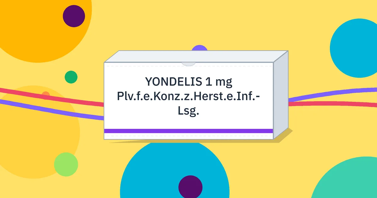 Symbolbild: Packung mit der Aufschrift YONDELIS 1 mg Plv.f.e.Konz.z.Herst.e.Inf.-Lsg. (PZN 15384118) – Verfügbarkeit und Bezug in Apotheken in Frankfurt am Main