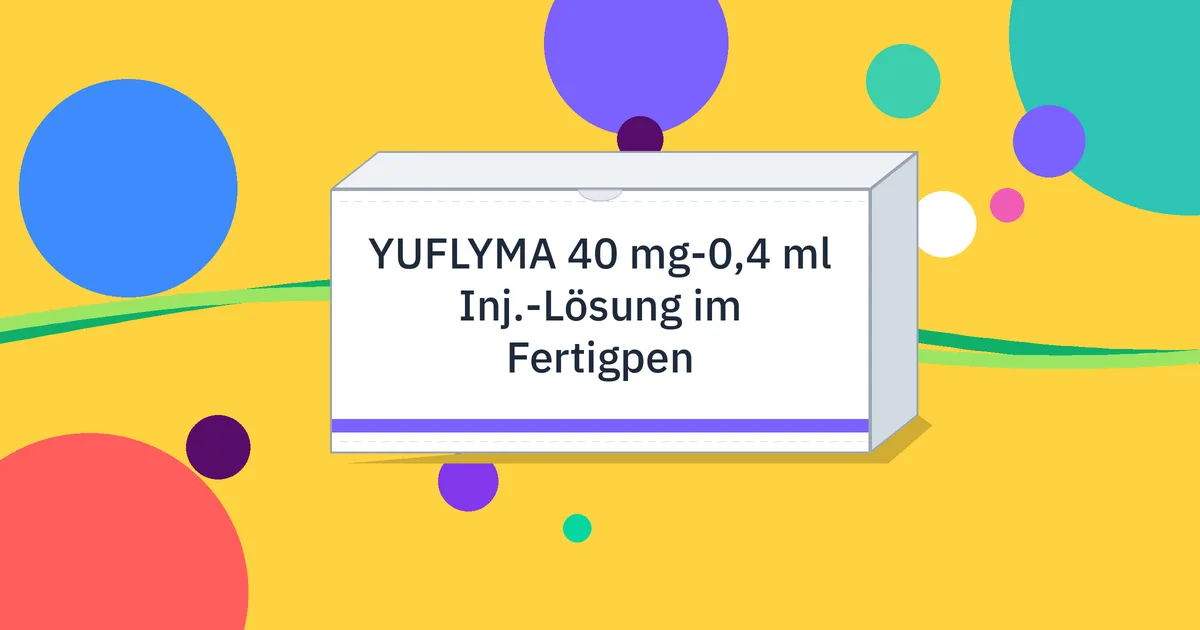 Symbolbild: Packung mit der Aufschrift YUFLYMA 40 mg-0,4 ml Inj.-Lösung im Fertigpen (PZN 17824834) – Verfügbarkeit und Bezug in Apotheken in Frankfurt am Main