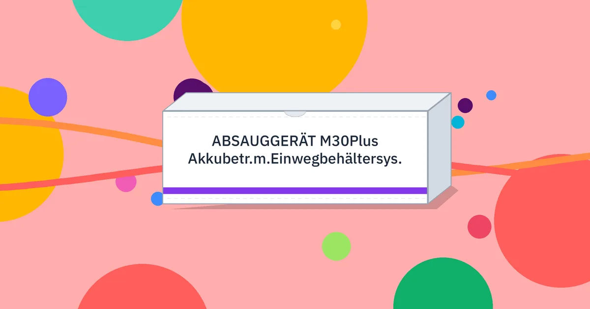 Symbolbild: Packung mit der Aufschrift ABSAUGGERÄT M30Plus Akkubetr.m.Einwegbehältersys. (PZN 11119106) – Verfügbarkeit und Bezug in Apotheken in Frankfurt am Main