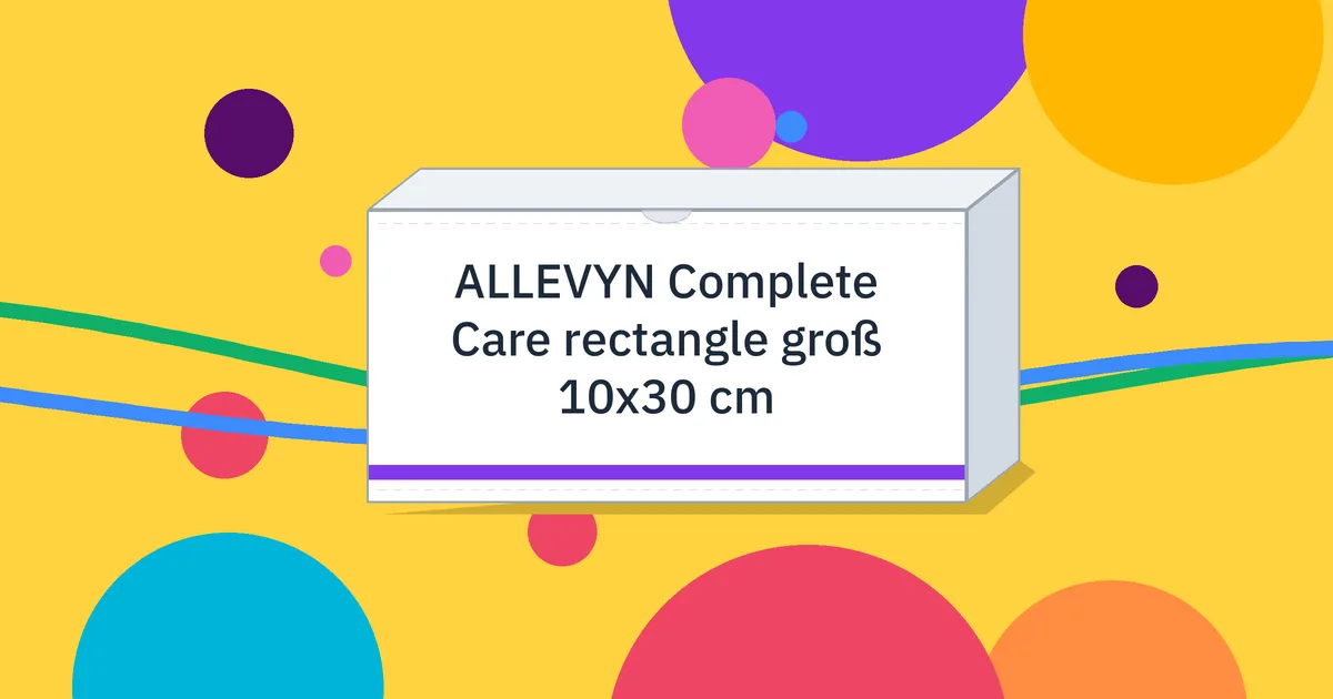 Symbolbild: Packung mit der Aufschrift ALLEVYN Complete Care rectangle groß 10x30 cm (PZN 20178533) – Verfügbarkeit und Bezug in Apotheken in Frankfurt am Main