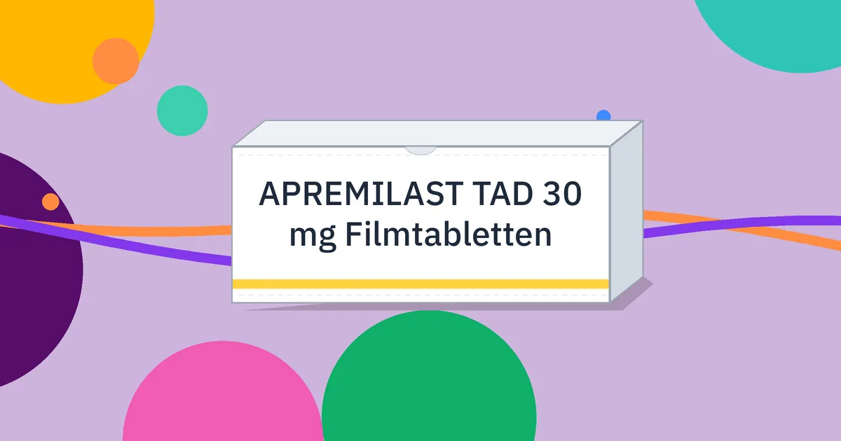 Symbolbild: Packung mit der Aufschrift APREMILAST TAD 30 mg Filmtabletten (PZN 20197648) – Verfügbarkeit und Bezug in Apotheken in Frankfurt am Main